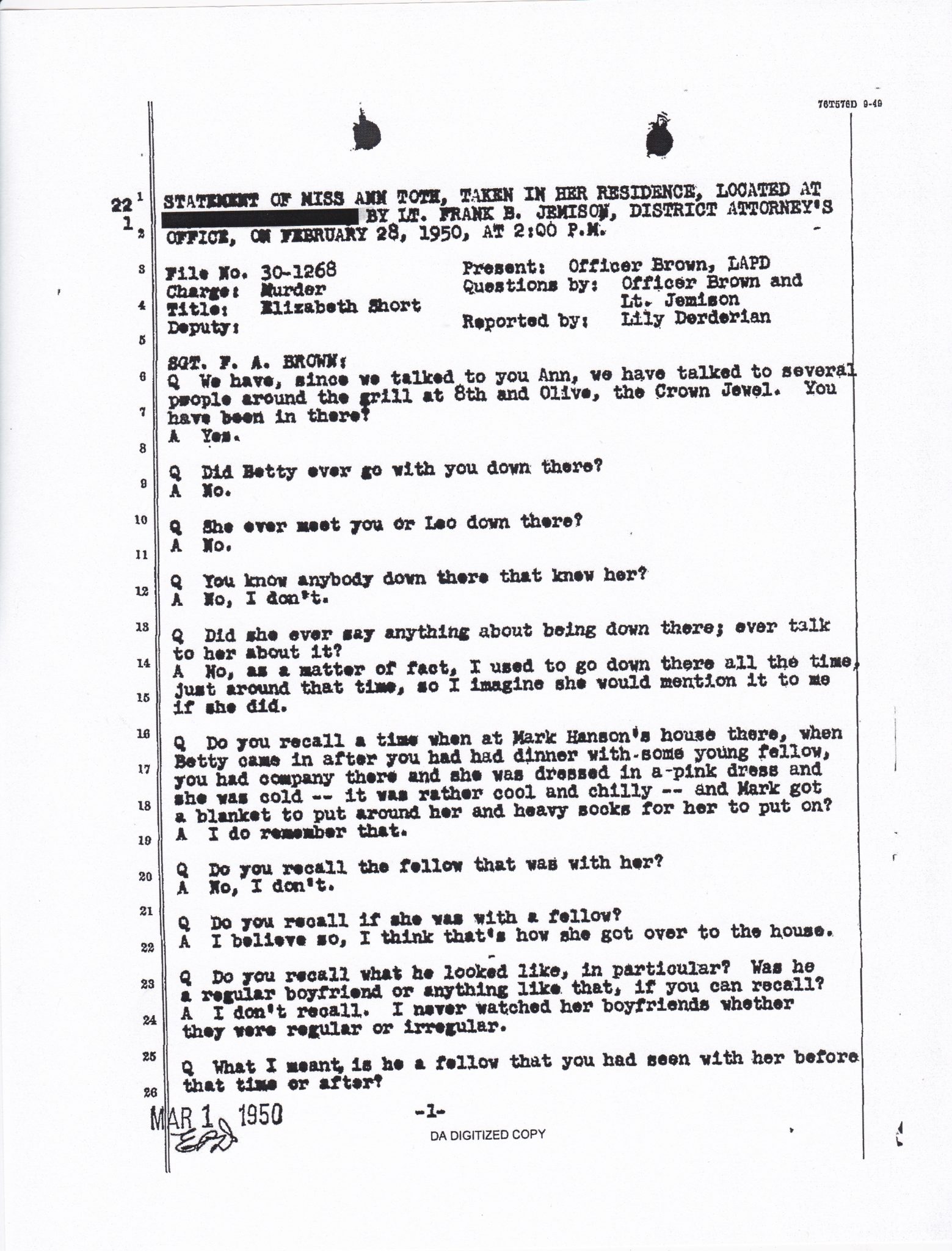 Update- 14th Witness Ann Toth Interview found in DA Secret Black Dahlia ...